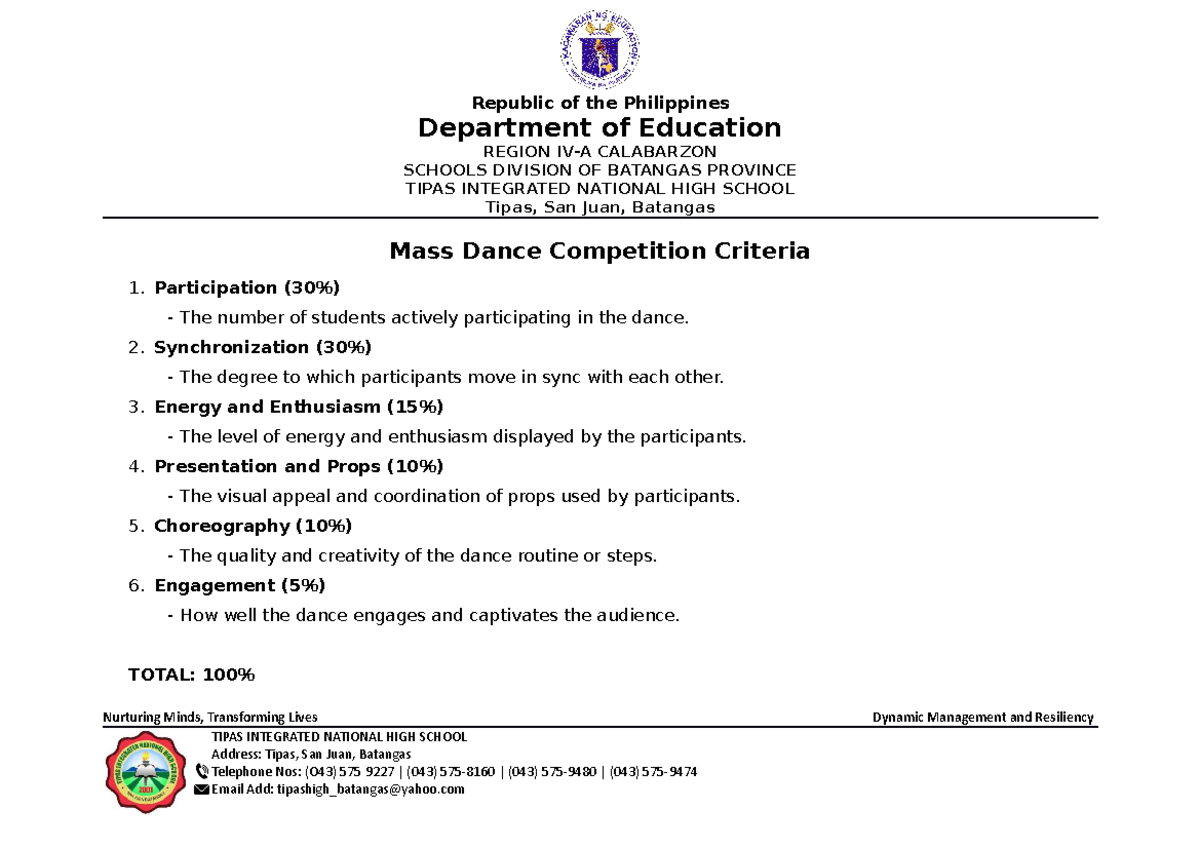 Mass Dance Competition Criteria and Scoring Rubric - Studocu