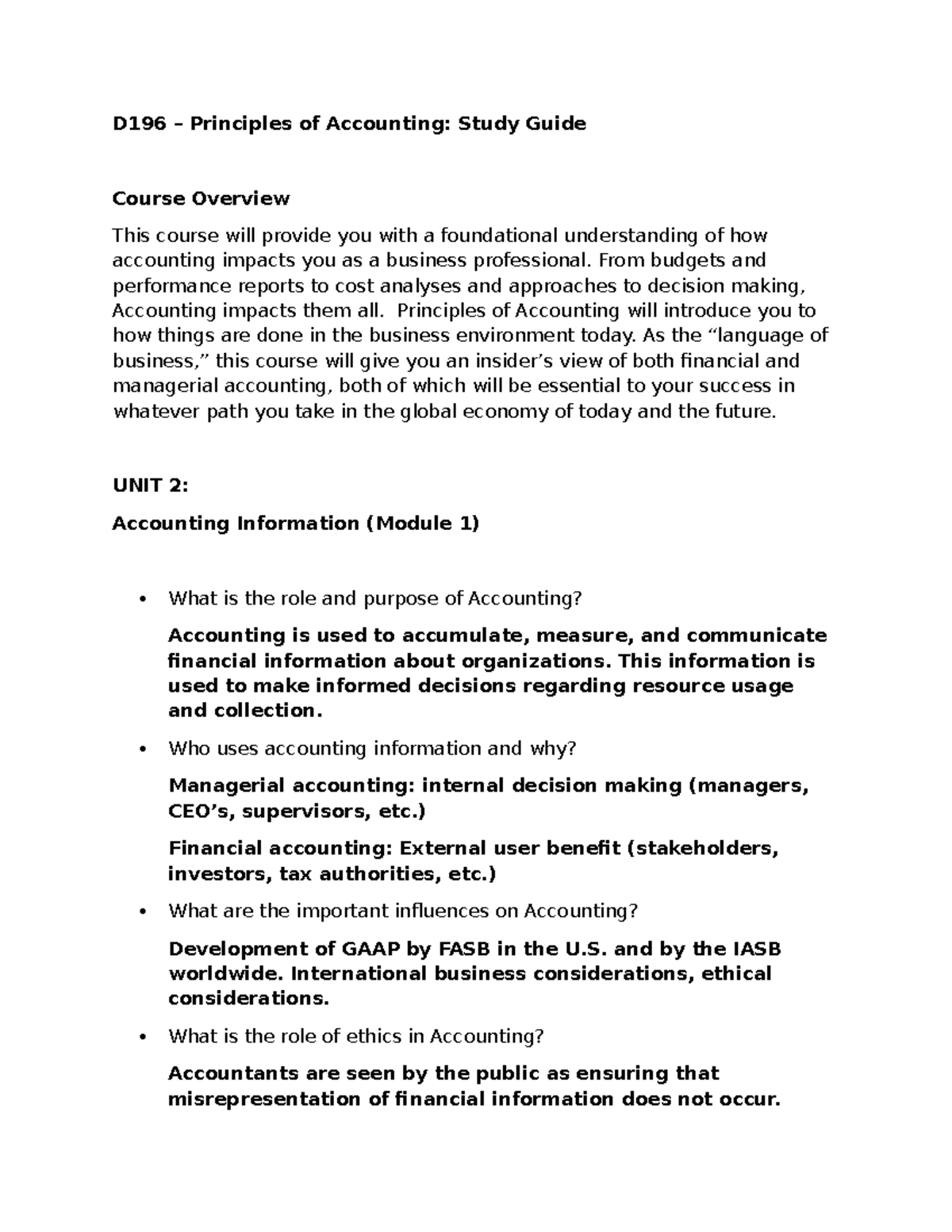 Principles of Financial and Managerial Accounting - D196 - D196 ...