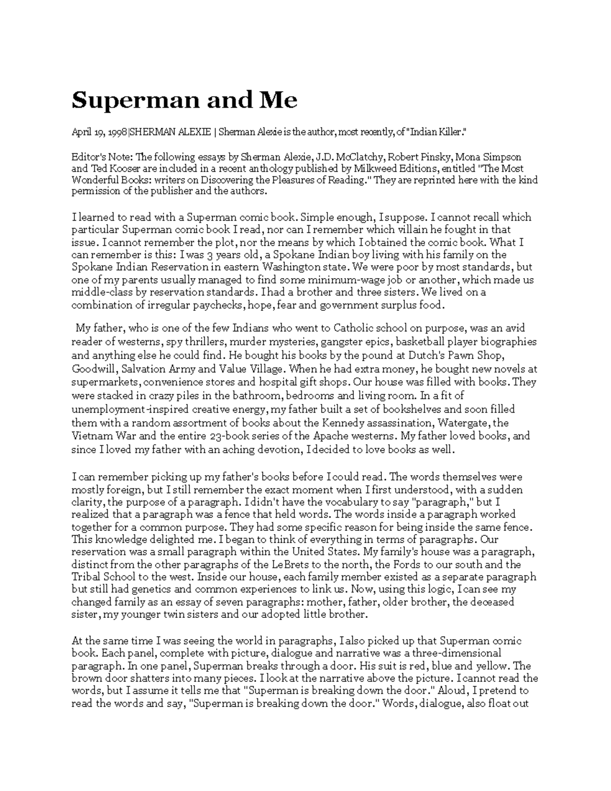 Sherman Alexie: Learning to Read Through Superman Comics - Studocu