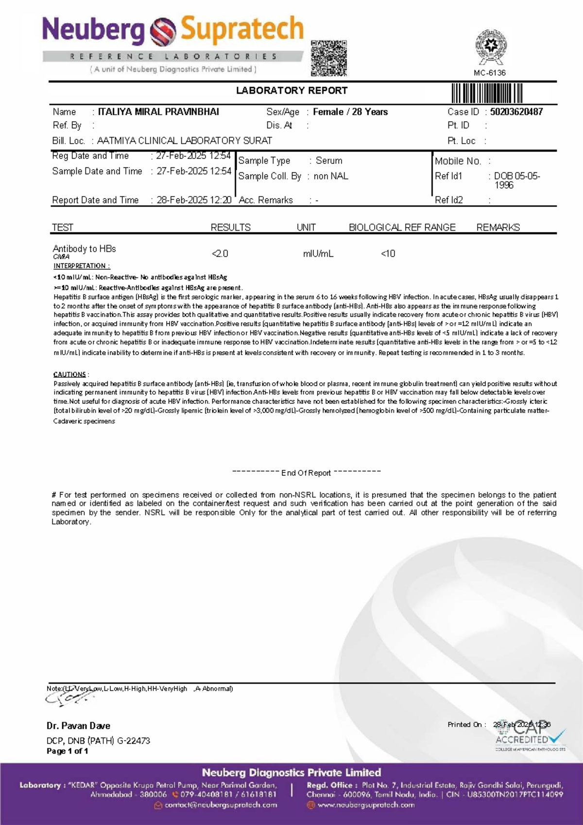 LAB REPORT: HBsAg Test Results for Case ID 50203620487 - Studocu
