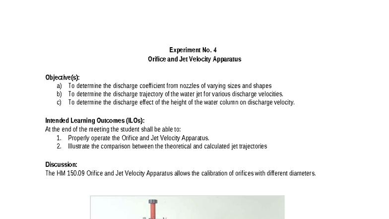 CE 016 Lab Experiment 4: Orifice & Jet Velocity Analysis - Studocu