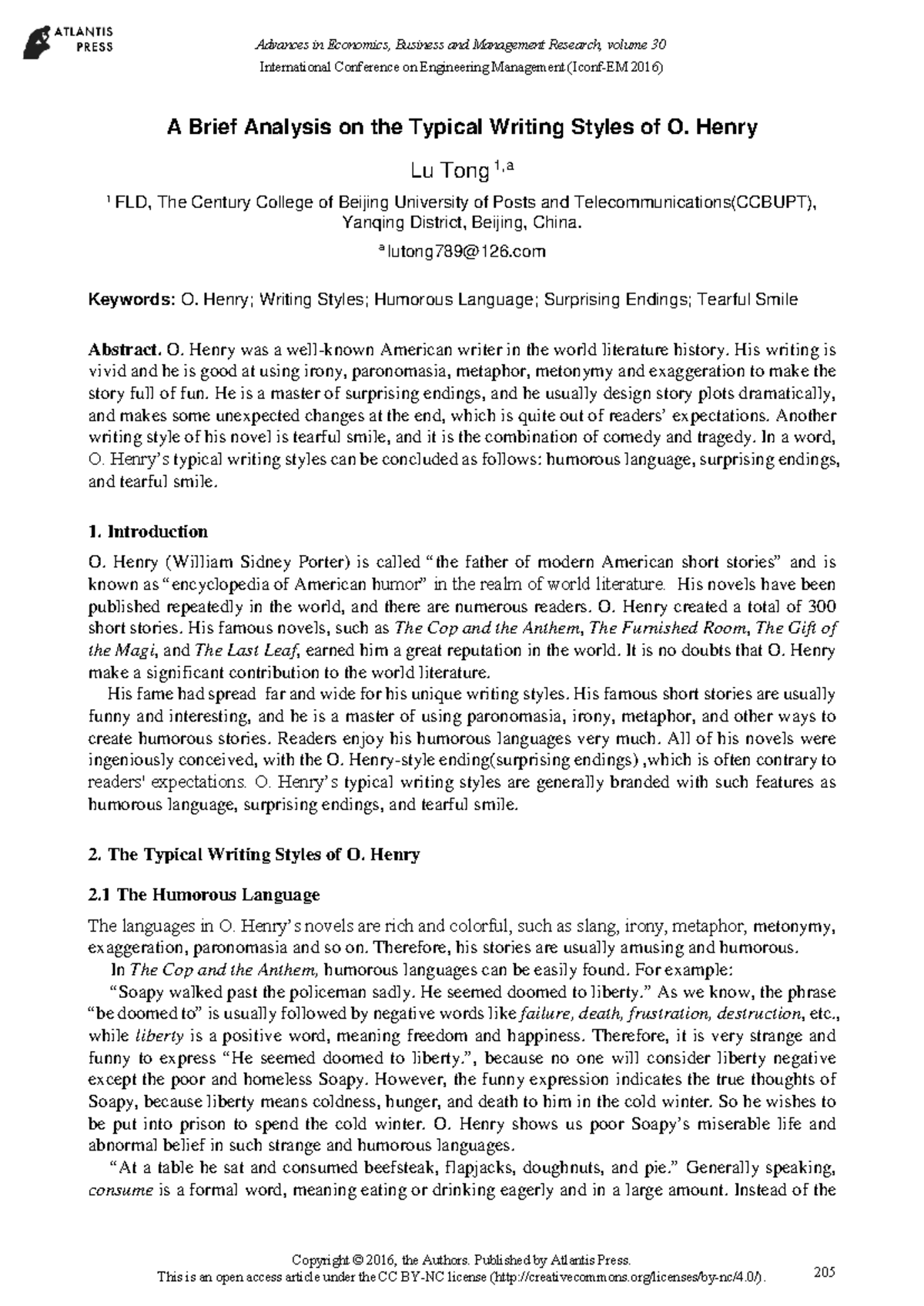 A Brief Analysis on the Typical Writing Styles of - Henry Lu Tong 1,a 1 ...