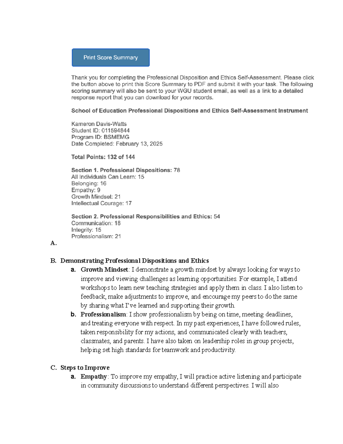 Task 4 - D090 Task 4 - A. B. Demonstrating Professional Dispositions ...