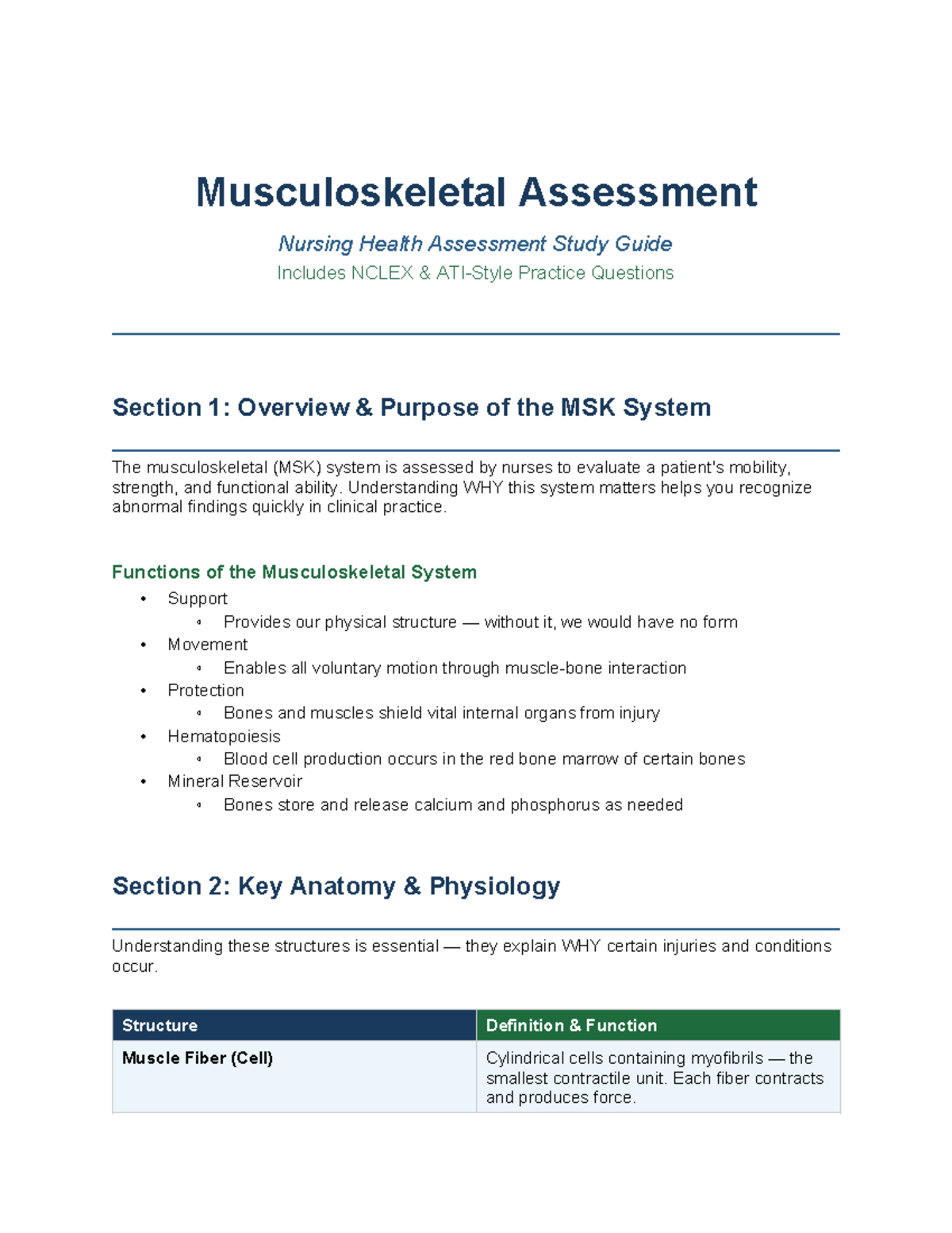 MSK 101: Comprehensive Nursing Assessment Study Guide with NCLEX Qs ...