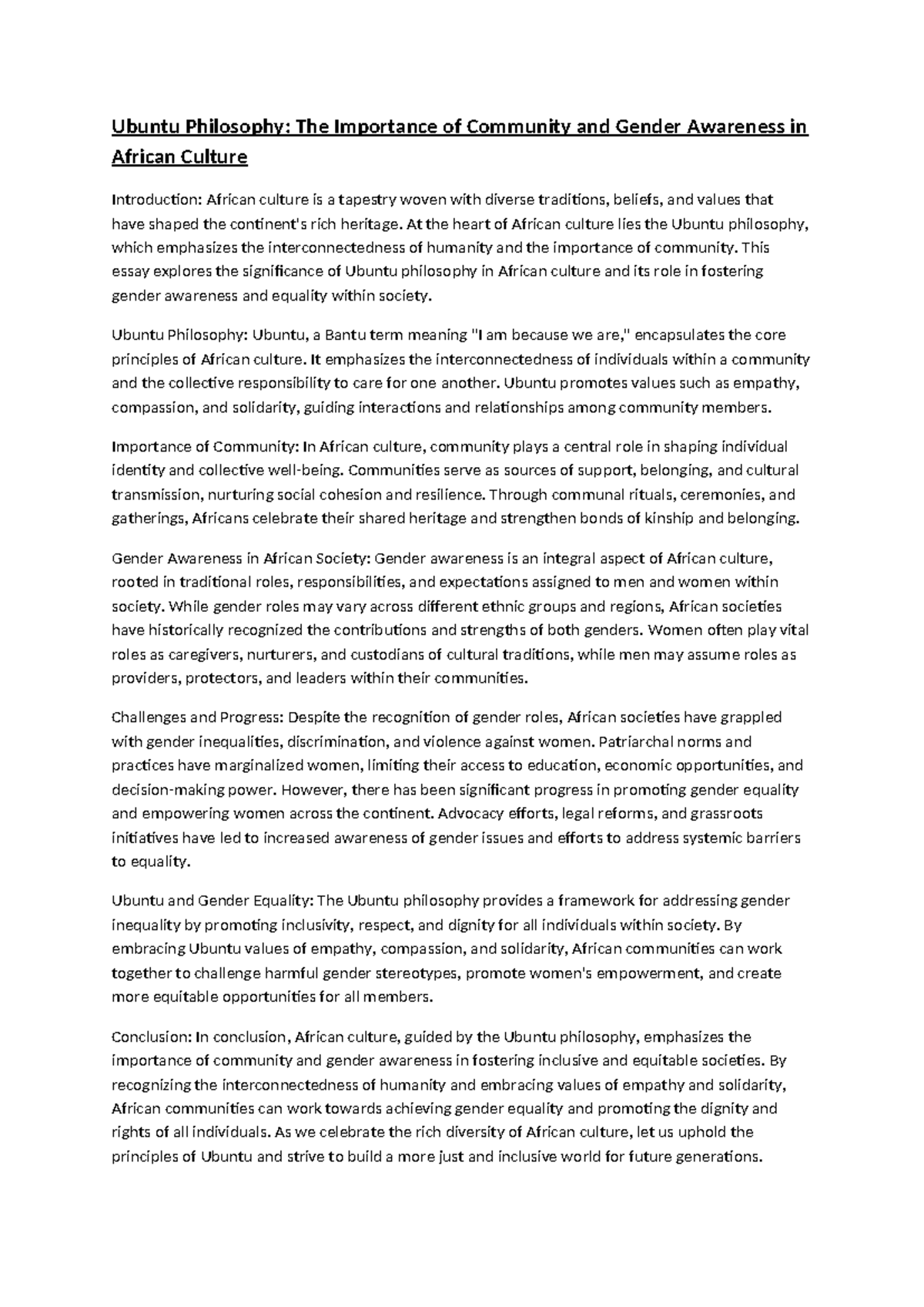 Ubuntu Philosophy and Gender Awareness in African Culture Essay - Studocu