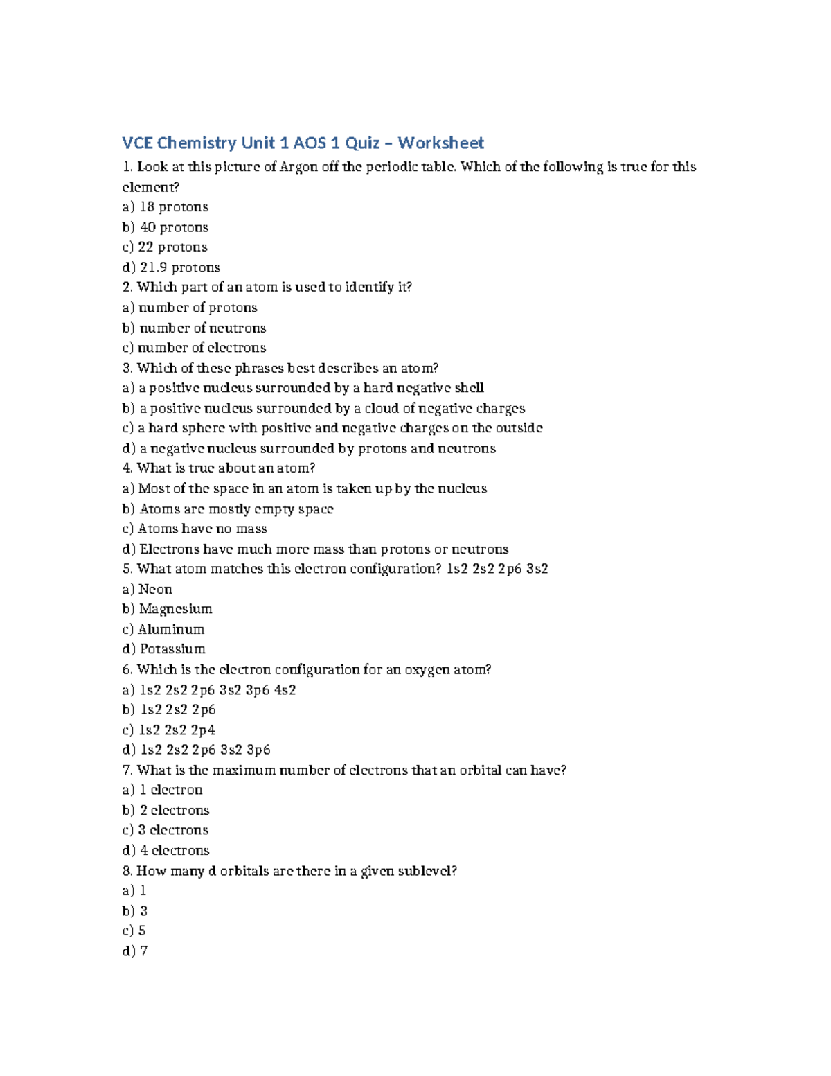 VCE Chemistry Unit 1 AOS 1 Quiz Worksheet on Atomic Structure - Studocu