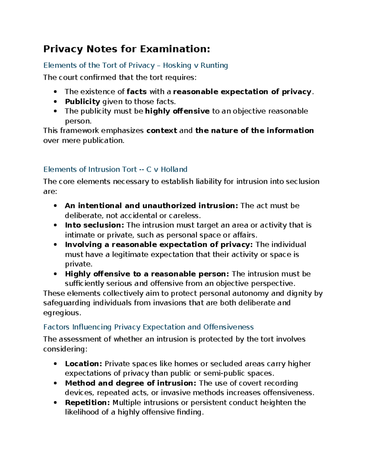 Privacy Torts and Factors: Key Elements and Case Analysis - Studocu