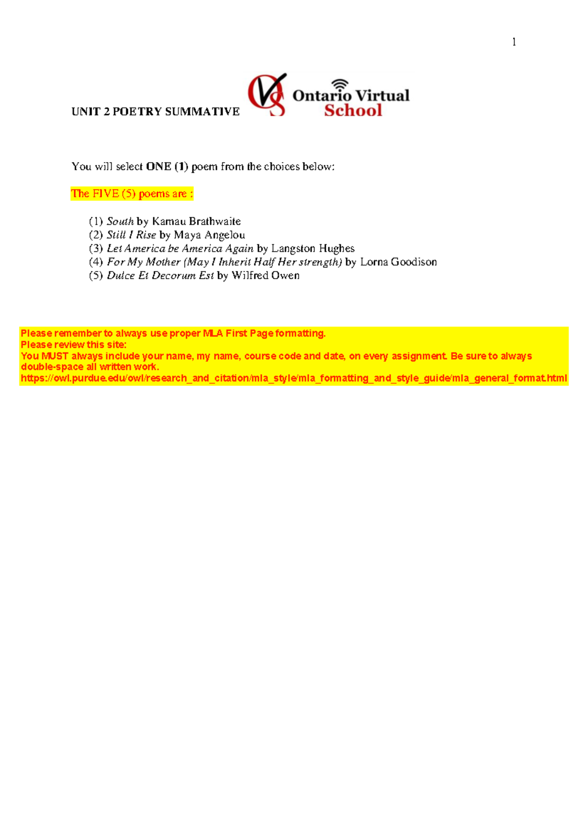 Poetry Unit Assignment - UNIT 2 POETRY SUMMATIVE You will select ONE (1 ...