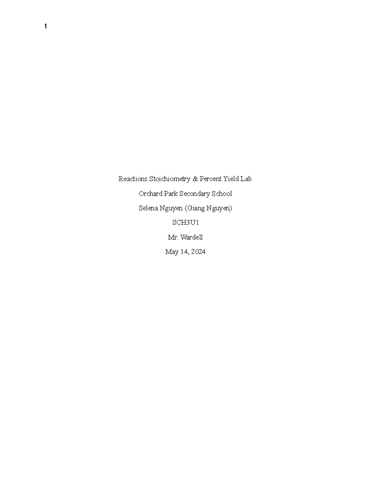 SCH3U Reaction Stoichiometry & Percent Yield Lab Report - Studocu