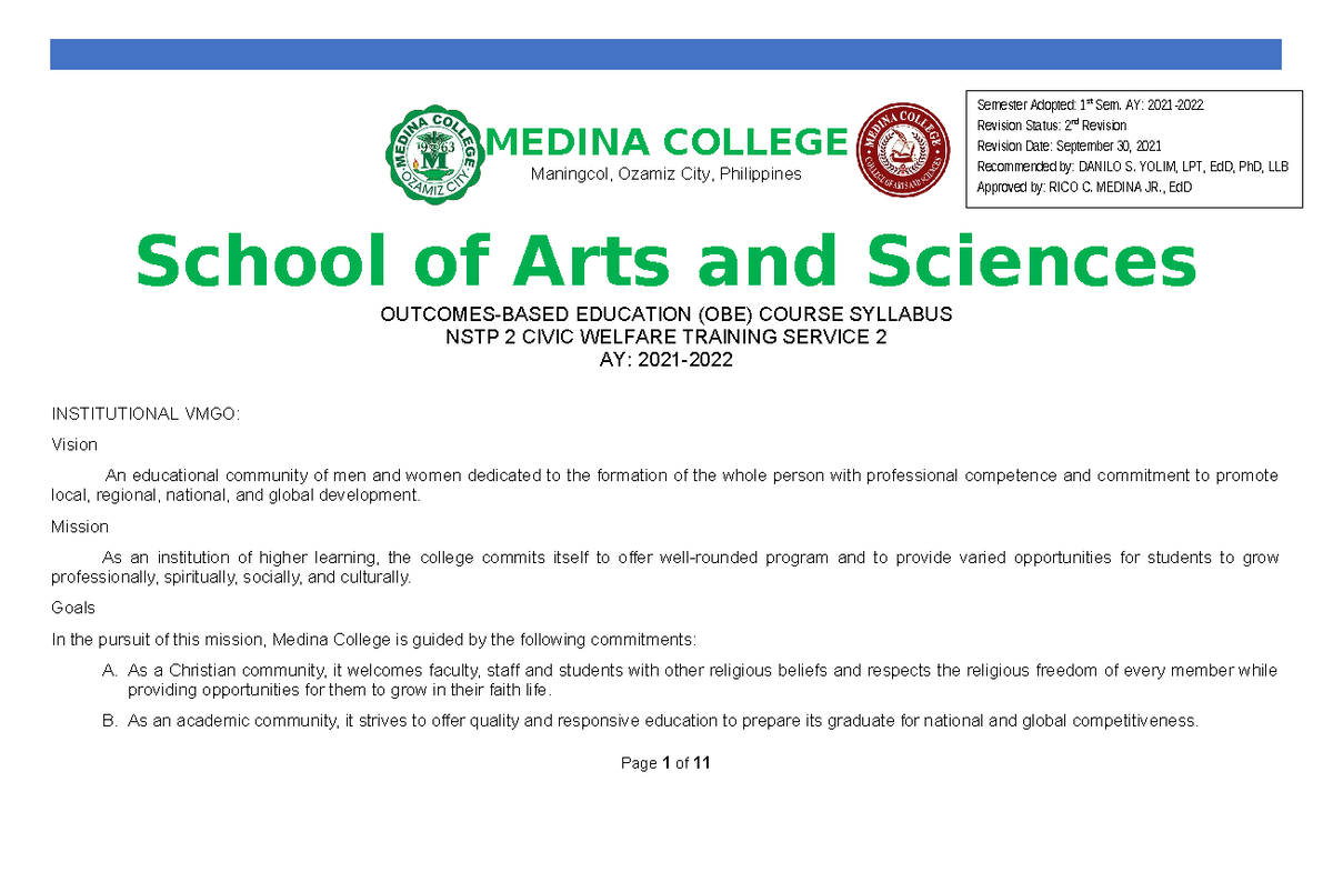 NSTP 2 - Civic Welfare Training Service Syllabus and Exam Schedule ...