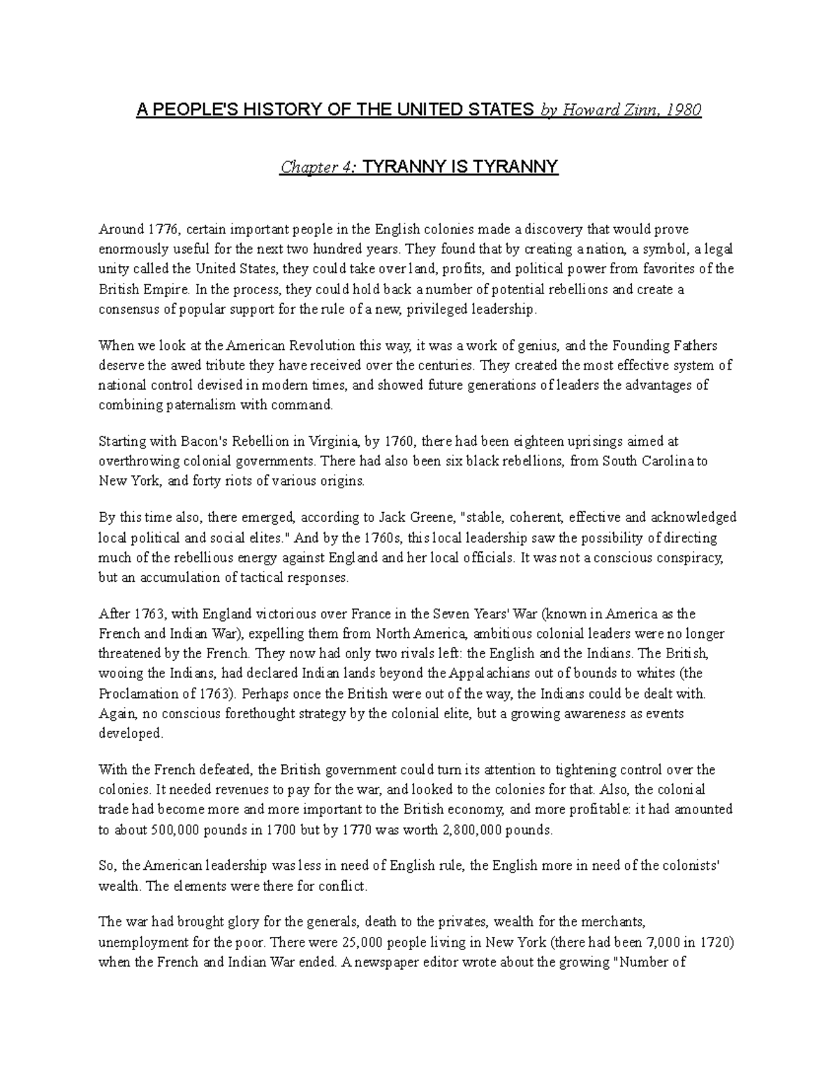 Zinn Chapter 4: Understanding Tyranny in American History (HIST 101 ...