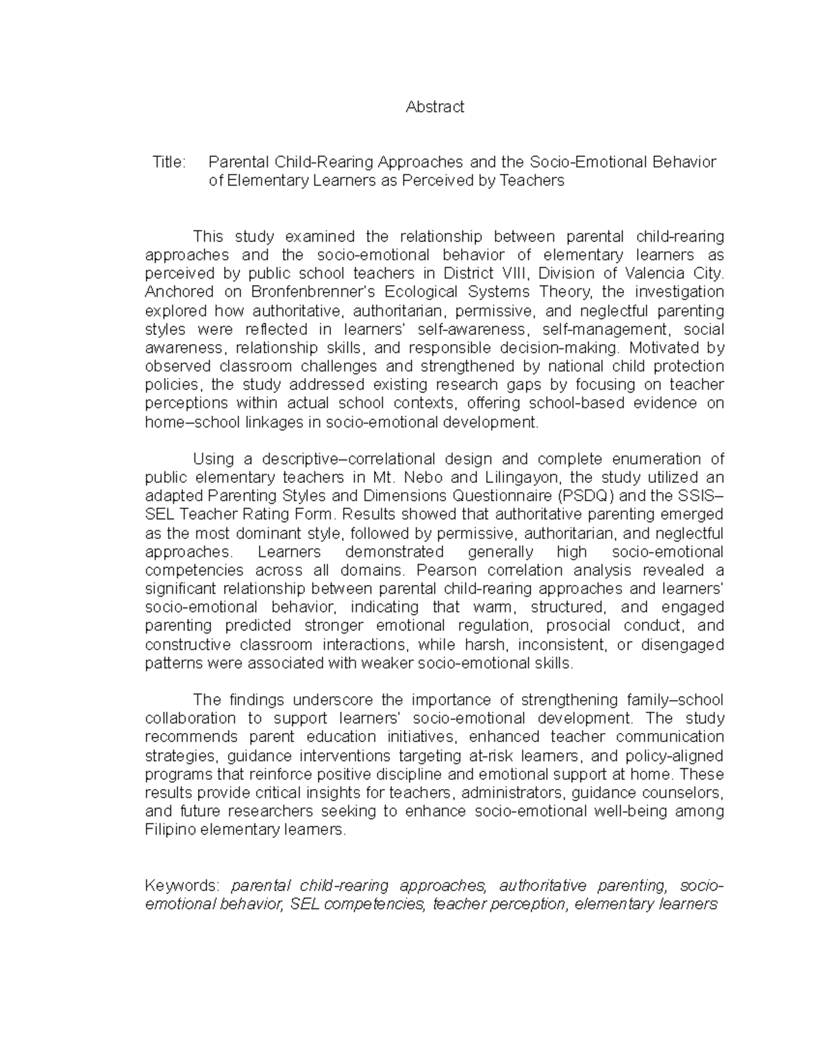 Parental Approaches & Behavior of Elementary Learners: Insights for ...