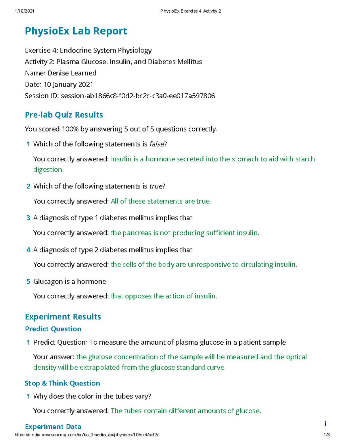PhysioEx 4: Plasma Glucose & Insulin - Lab Report Activity 2 - Studocu