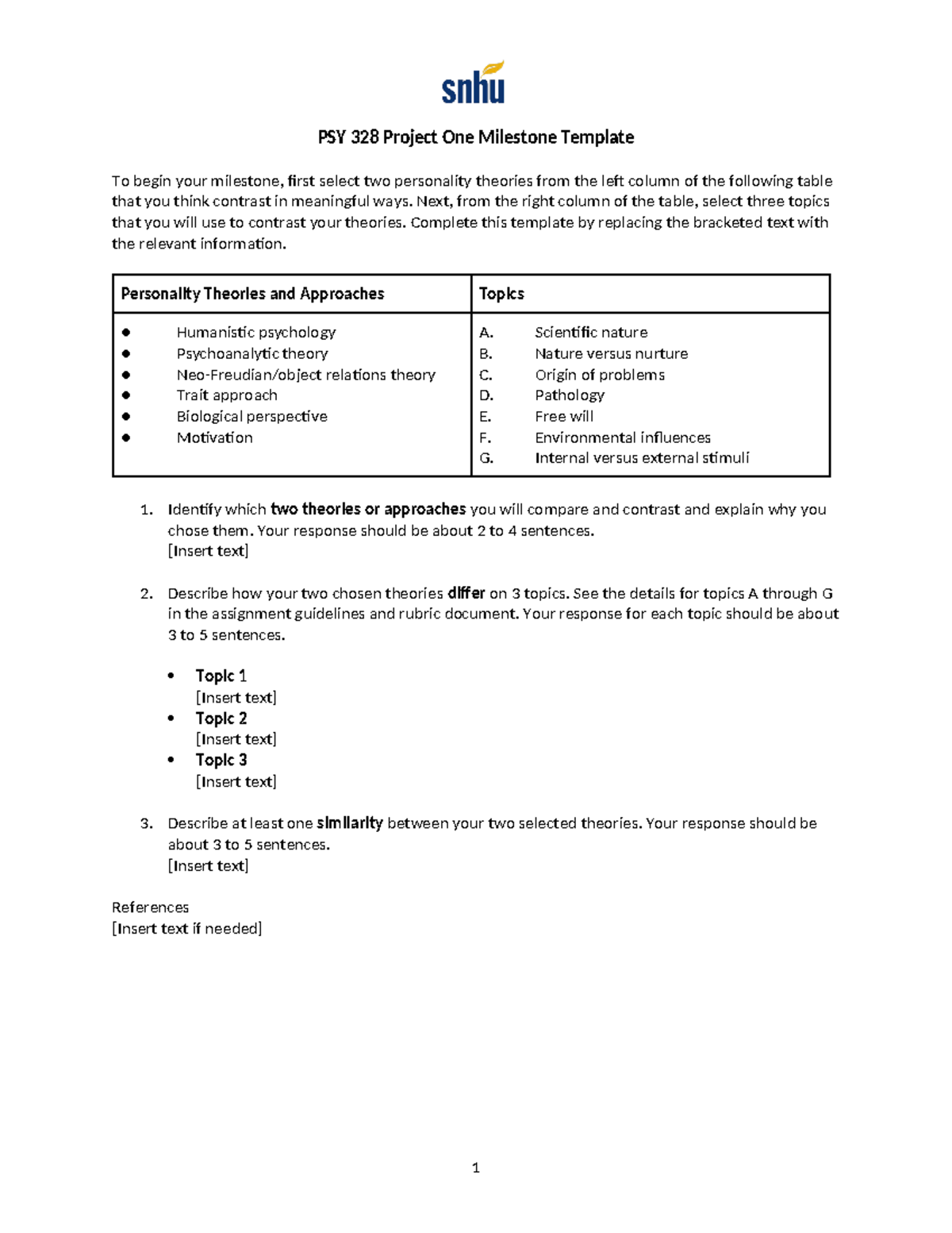 PSY 328 Project One Milestone: Comparing Personality Theories Template ...