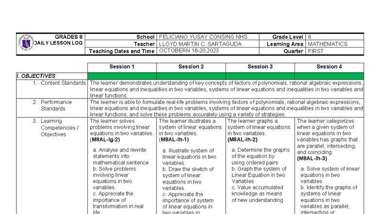 G8 DLL Q1: Lesson Log on Linear Equations in Two Variables - Studocu