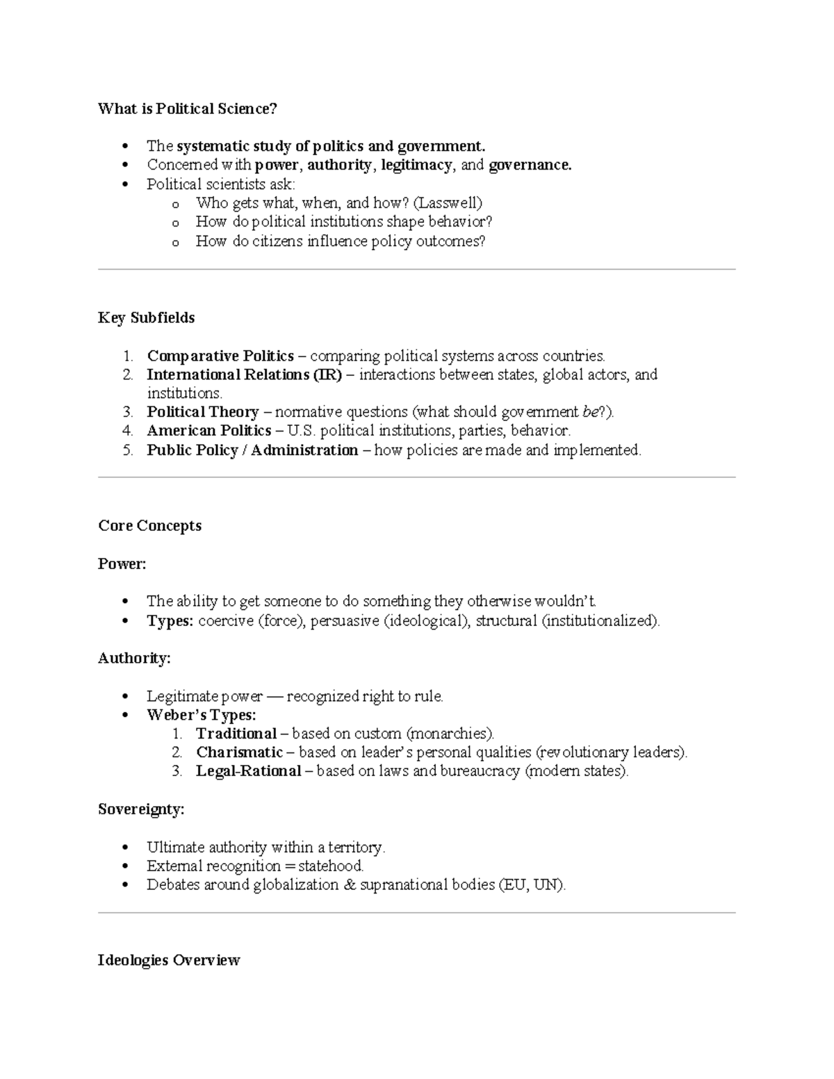 Political Science 101: Key Concepts and Subfields Explained - Studocu