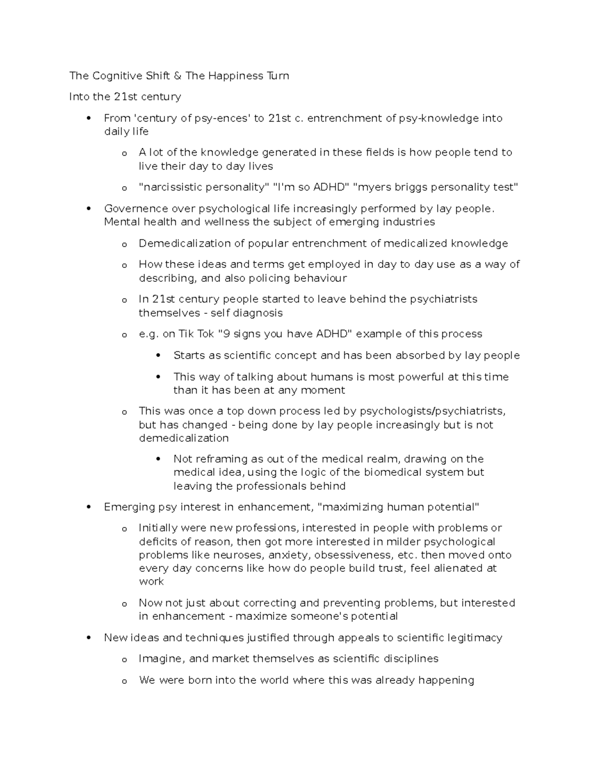 Hlthage 2GG3 Lecture Notes: The Cognitive Shift & Happiness in the 21st ...