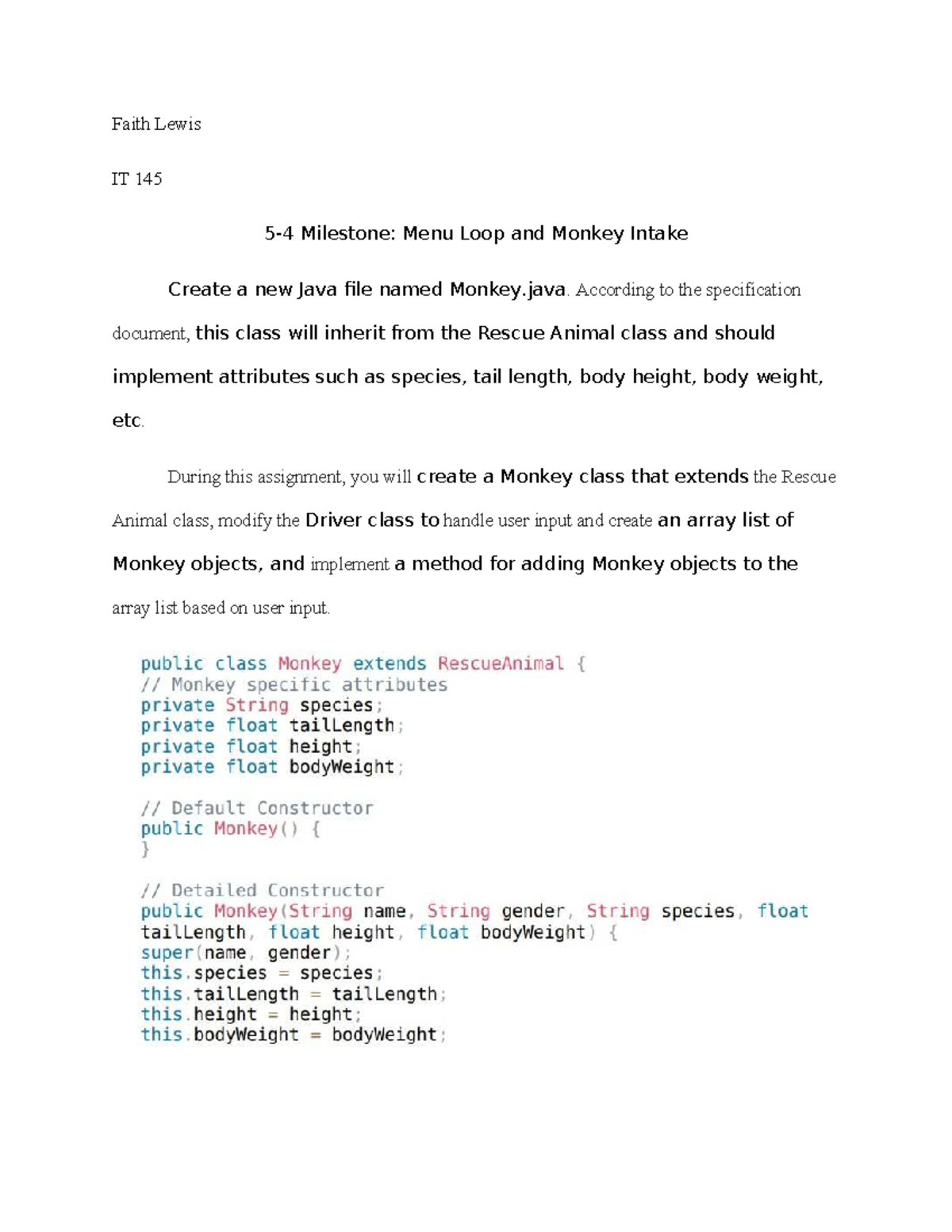IT 145 module 5 assignment - Faith Lewis IT 145 5-4 Milestone: Menu Loop and Monkey Intake ...