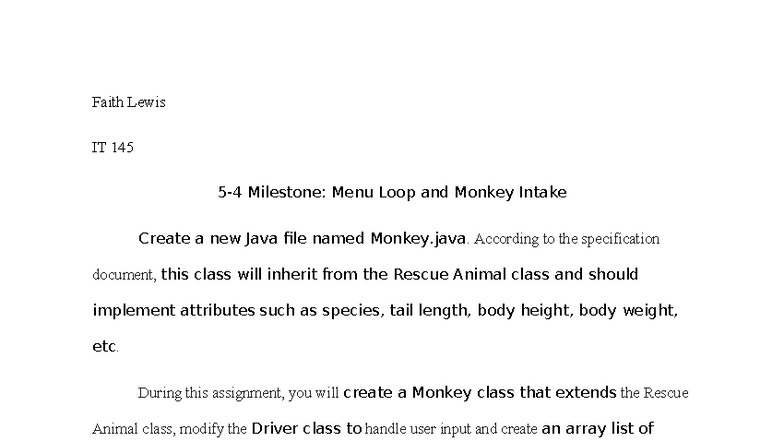 IT 145 Module 5 Assignment: Creating the Monkey Class in Java - Studocu