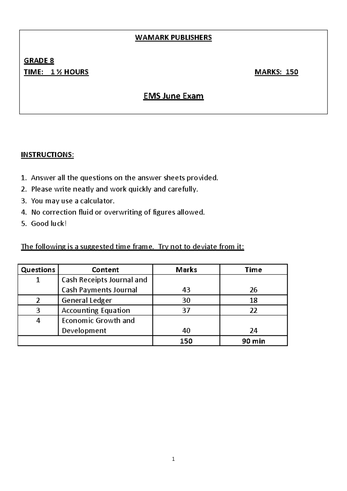 Accounting Grade 8 June Exam: Questions & Answer Sheet for EMS - Studocu