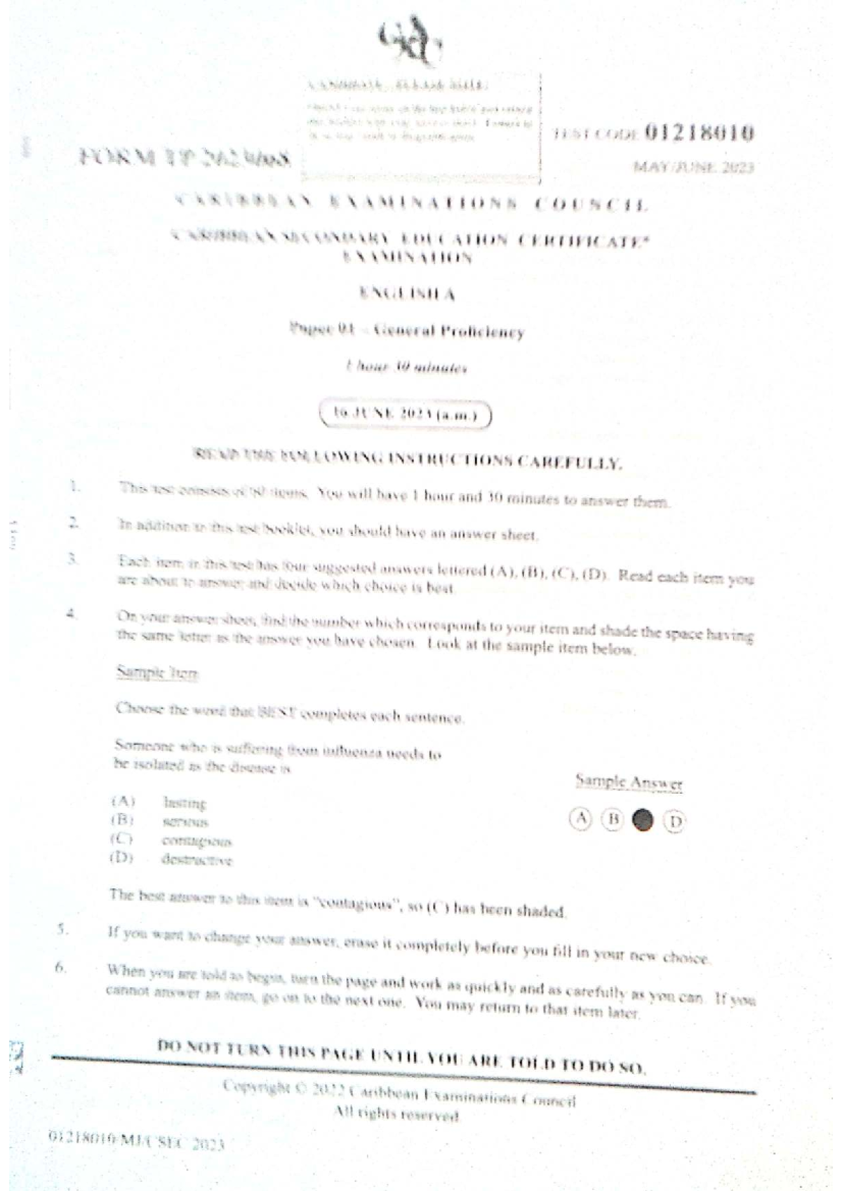 English A P1 MJ 2023 - Caribbean Examination Instructions and Sample ...