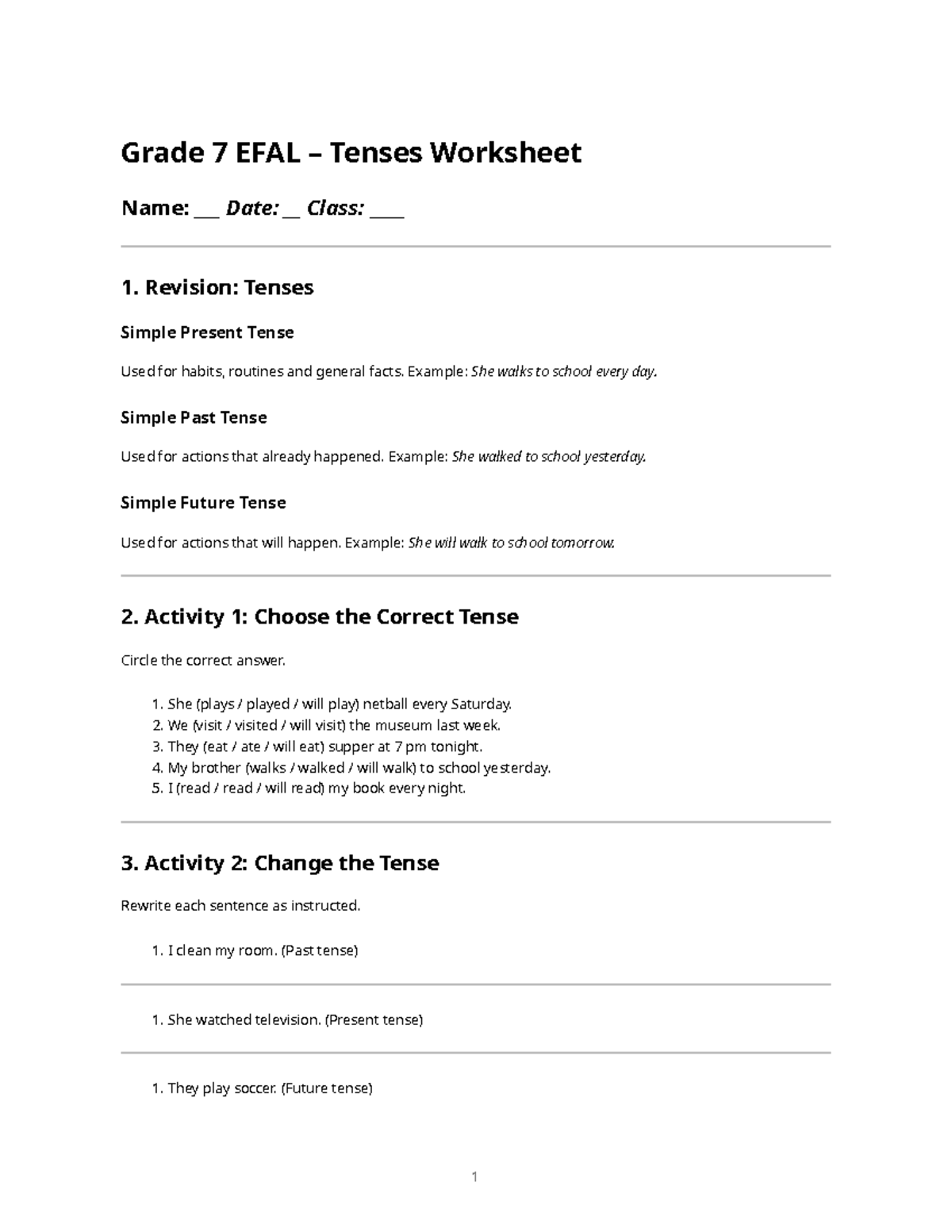 Grade 7 EFAL Tenses Revision Worksheet - Studocu