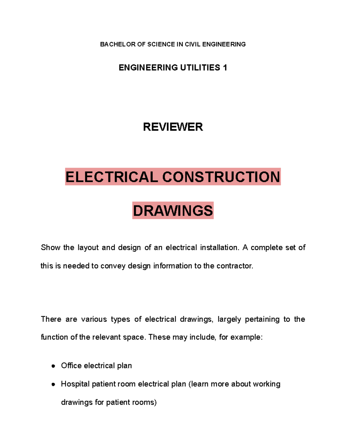 Electrical Construction Drawings - Eng Utilities 1 Review Guide - Studocu