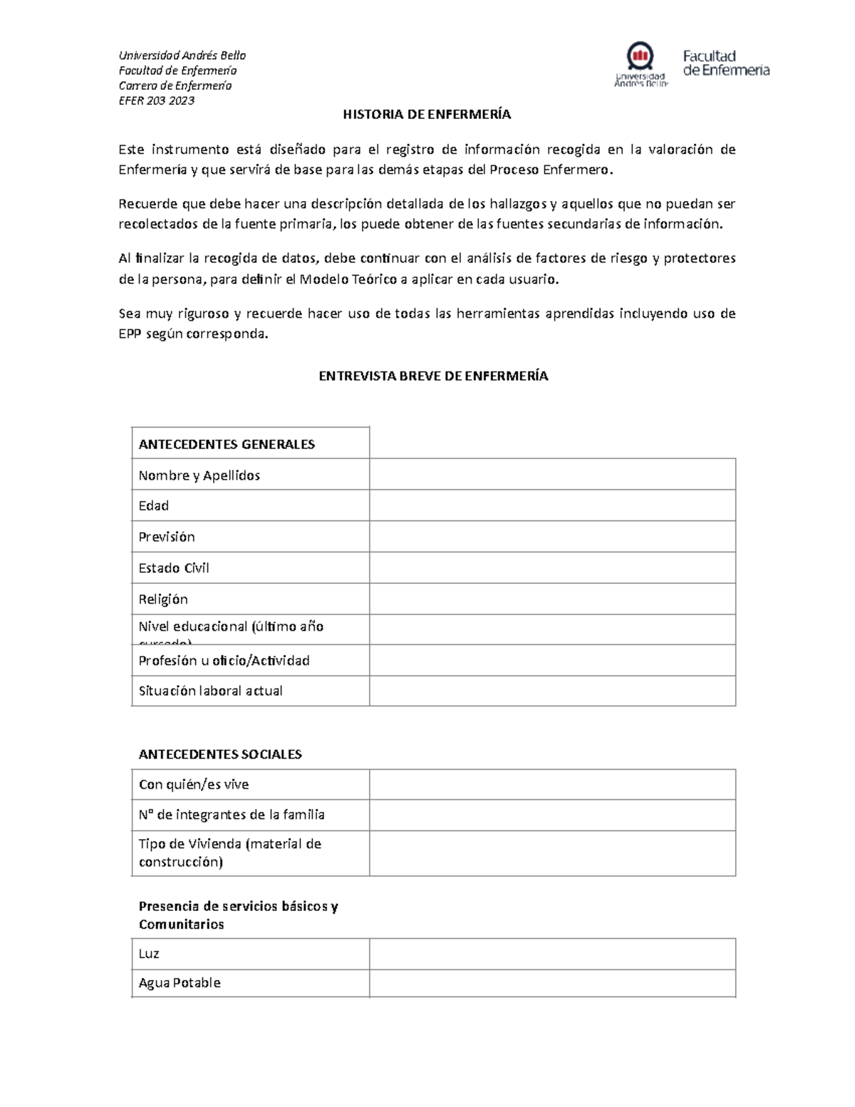 Historia de Enfermería EFER 203 - Valoración y Análisis 2023 - Studocu