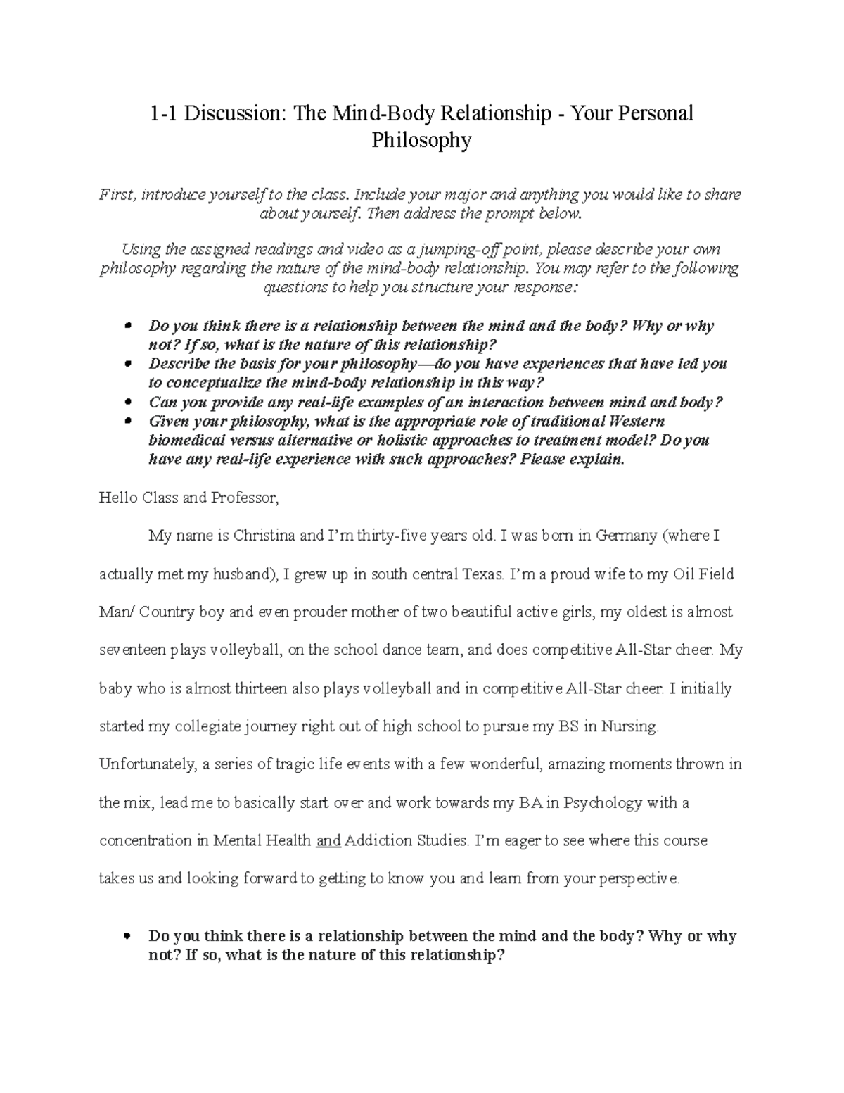 1-1 Discussion: Personal Philosophy on Mind-Body Relationship - Studocu