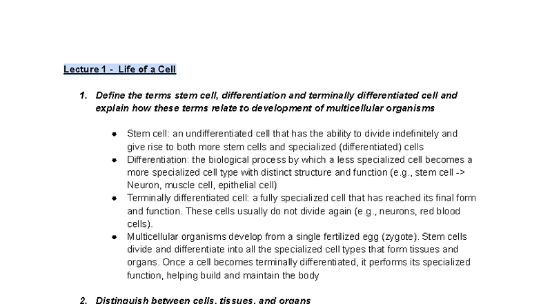 Lecture 1: Life of a Cell - Key Concepts and Definitions in Cell ...