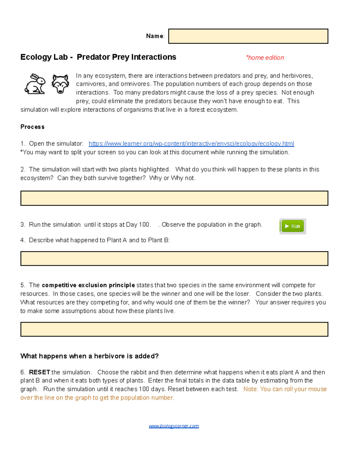 Ecology Lab (ECO 101) - Predator-Prey Interactions Simulation Notes ...