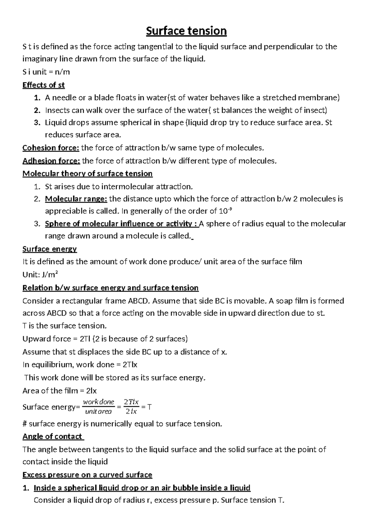 PHYS101: Lecture Notes on Surface Tension and Its Effects - Studocu