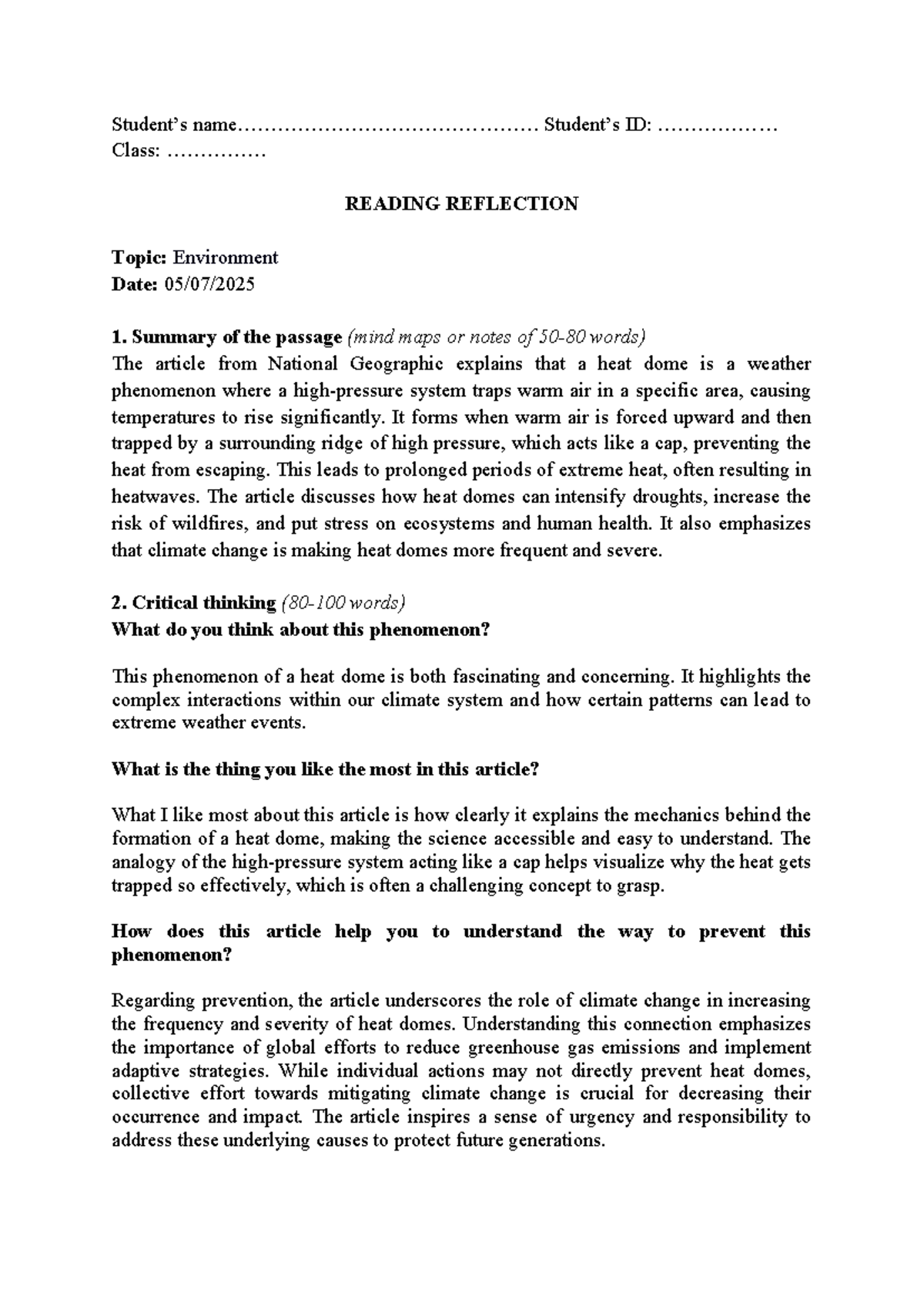 ID: Class: READING REFLECTION on Heat Domes and Climate Change - Studocu
