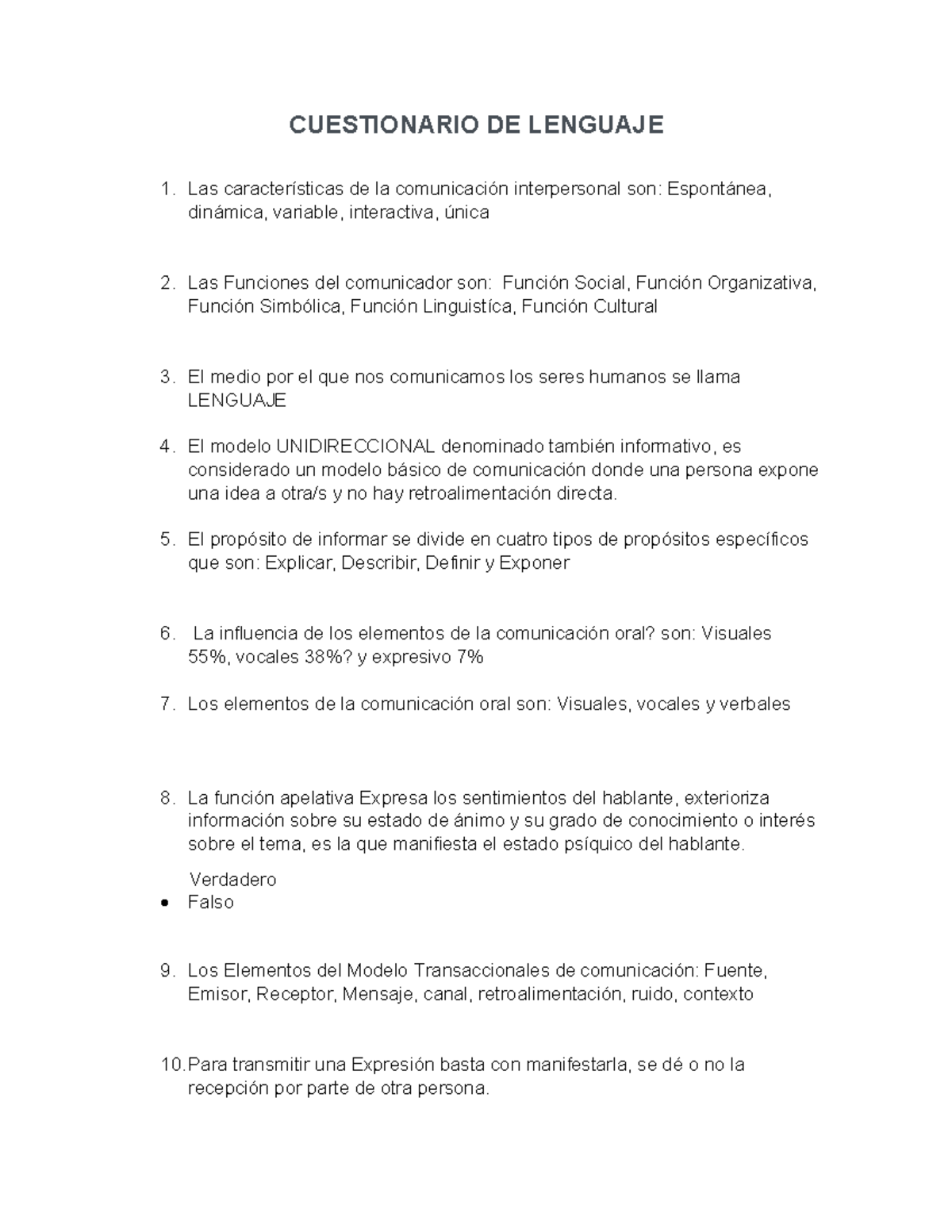 Cuestionario de Lenguaje 1 - Comunicación Interpersonal y Funciones ...