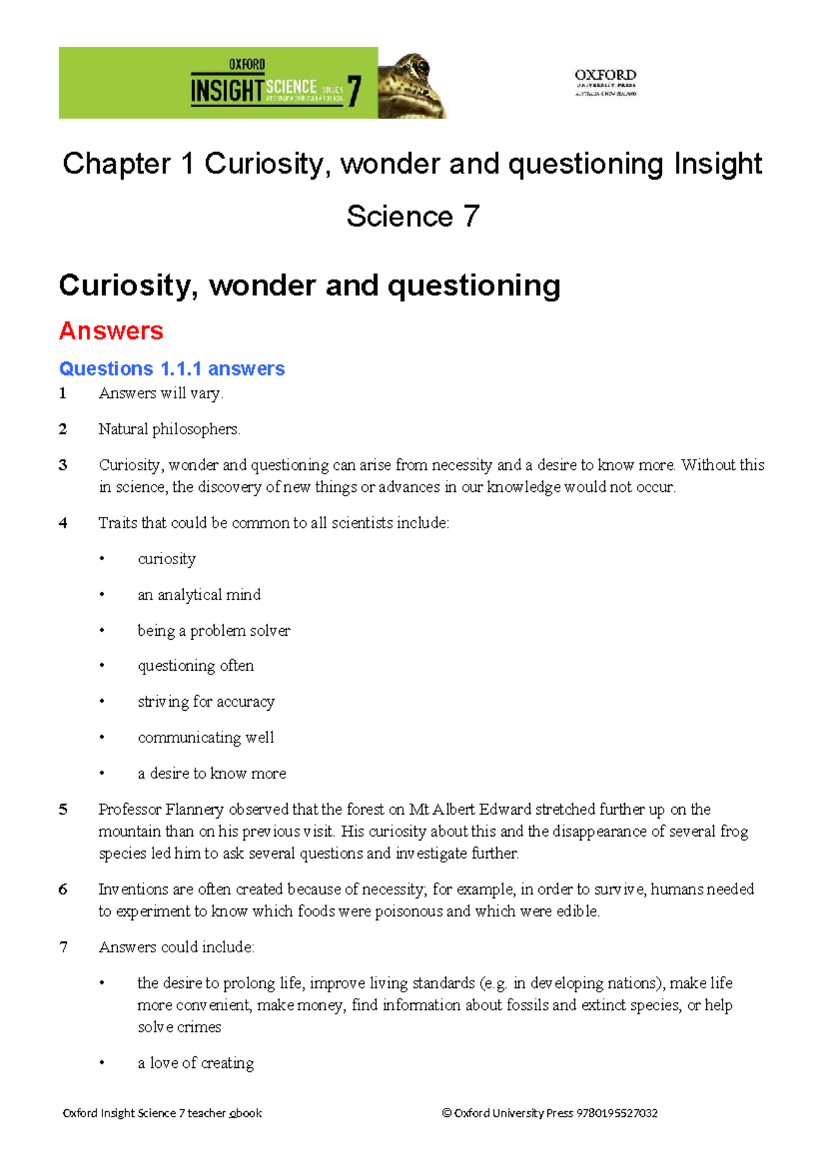 Insight Science 7 Chapter 1: Curiosity and Wonder Answers - Studocu