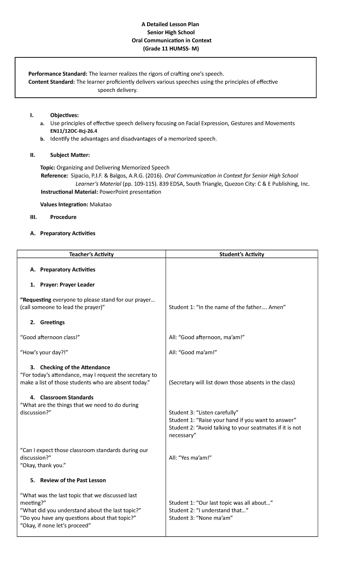 Detailed Lesson Plan: Effective Speech Delivery (Grade 11 HUMSS-M ...