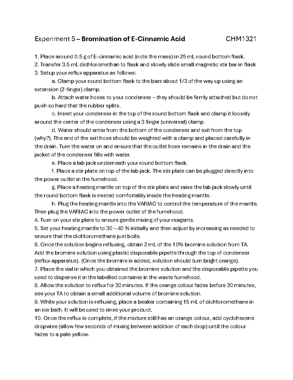 Lab 5: Detailed Procedure for Bromination of E-Cinnamic Acid CHM - Studocu