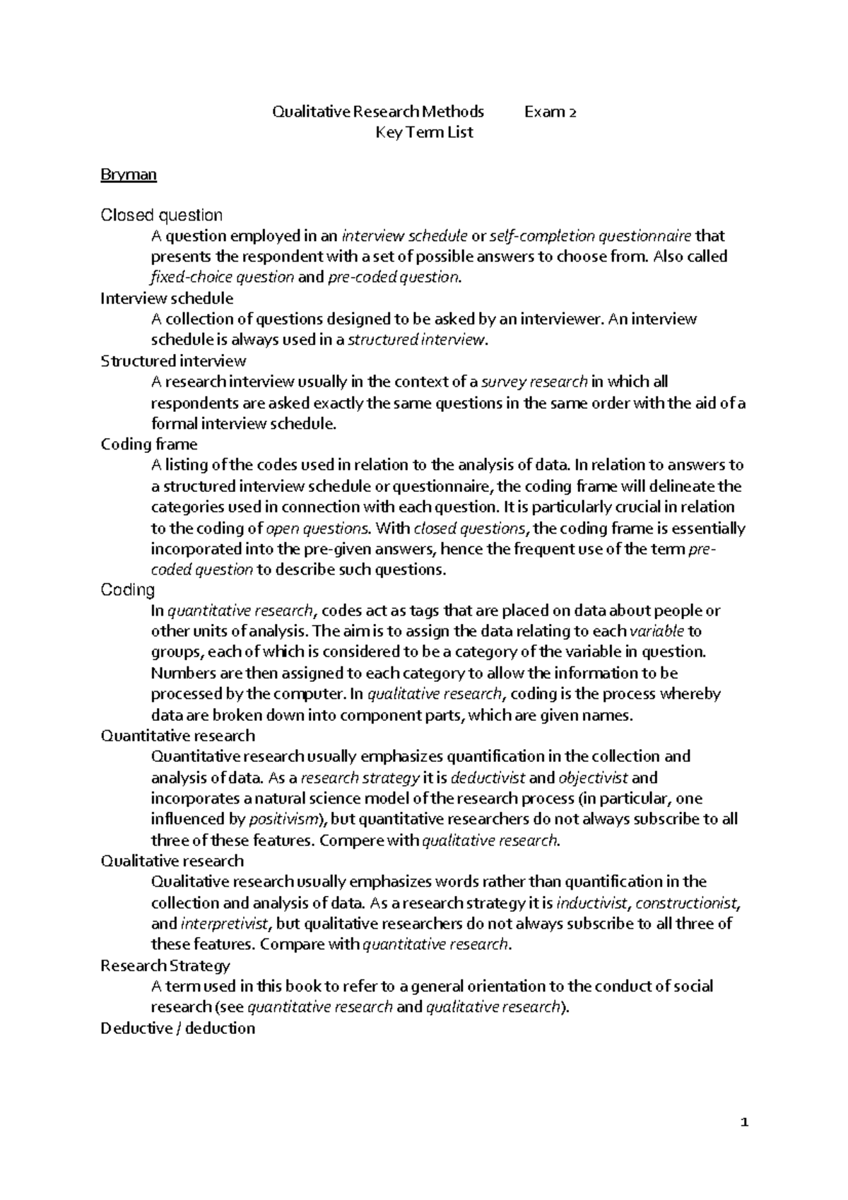 Key Terms for Qualitative Research Methods - Exam 2 (Bryman) - Studeersnel