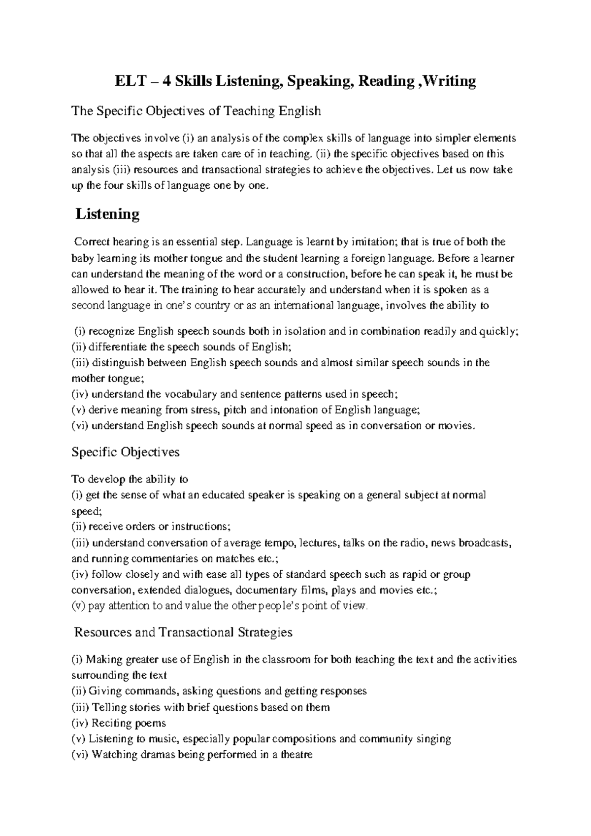 LSRW - Essential Notes on Teaching English Skills (Listening, Speaking ...
