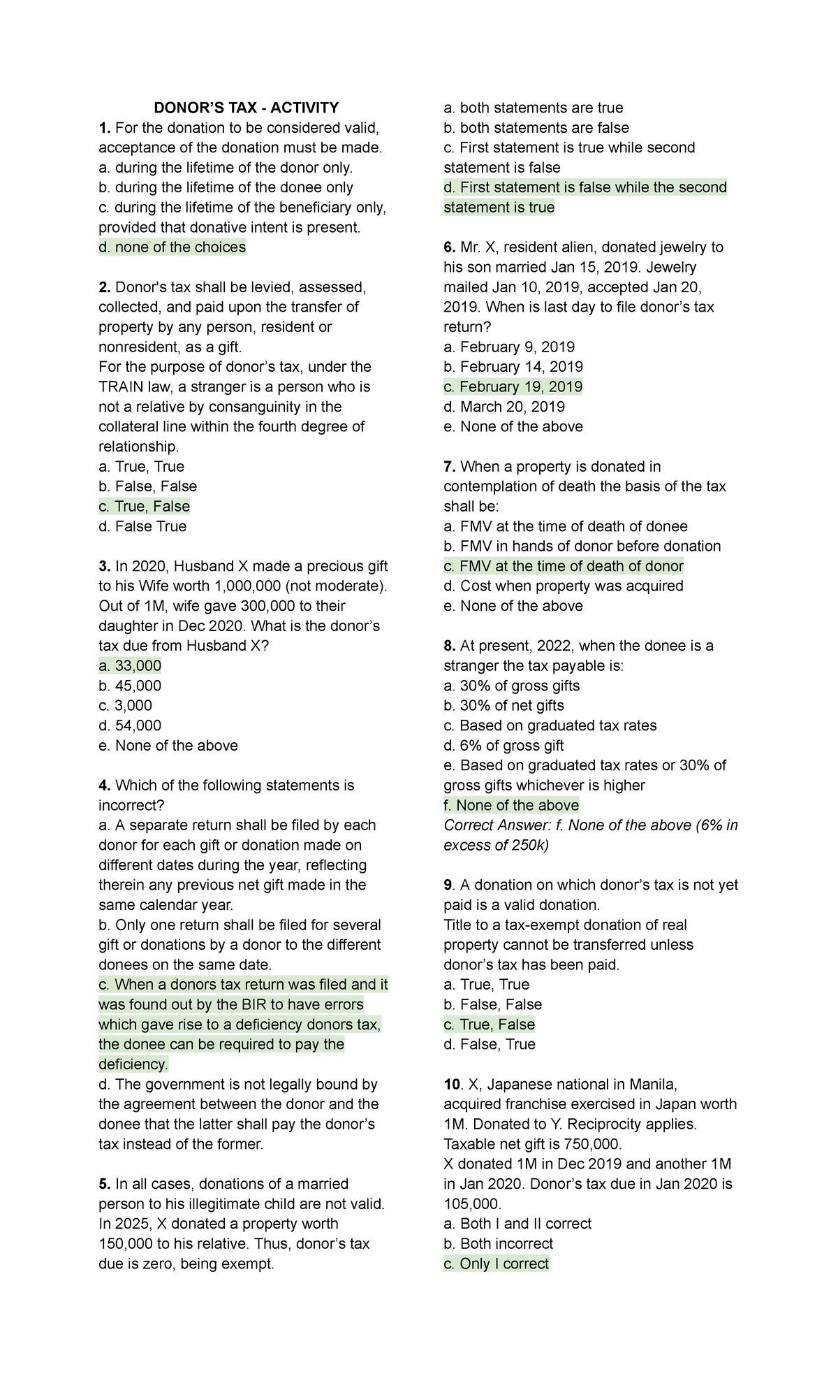 TAX ACTS AND QUIZZES MIDTERM REVIEW - Studocu