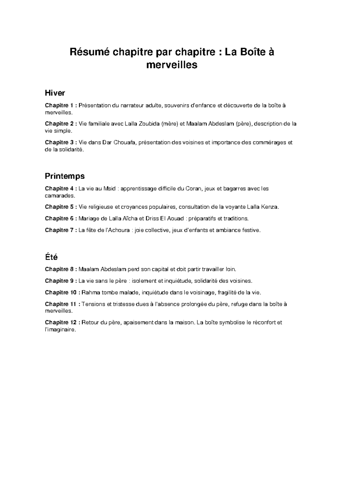 Résumé détaillé des chapitres de La Boîte à merveilles - Studocu