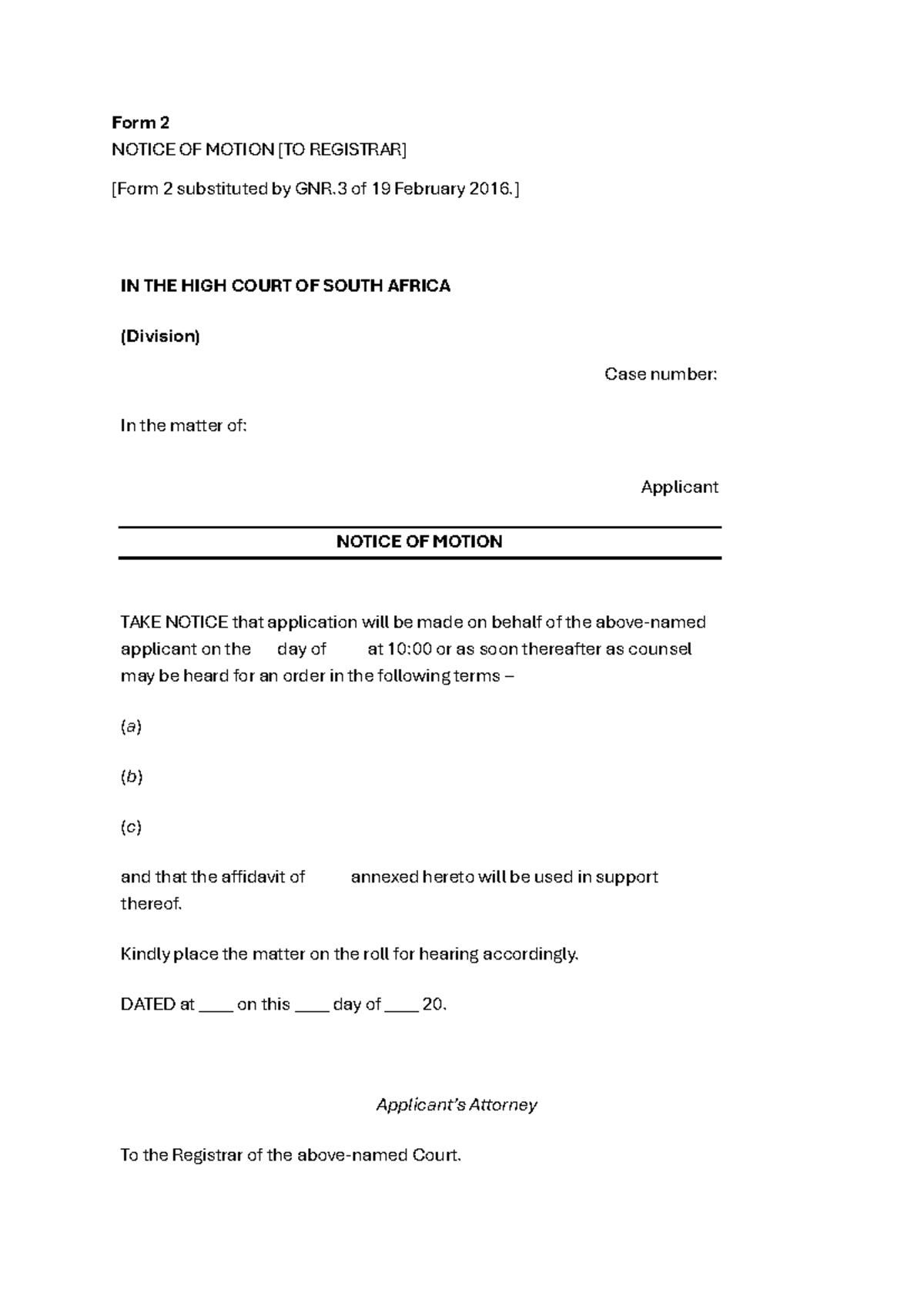 Form 2 - High Court Notice of Motion Practice Material - Studocu