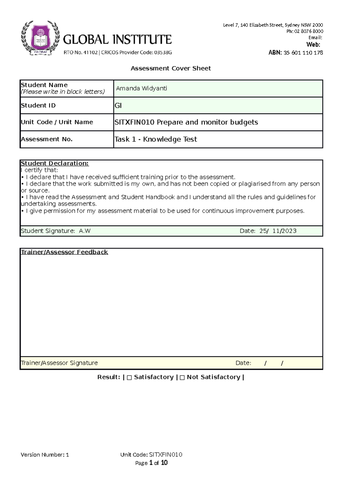 SITXFIN010 Assessment Task 1: Knowledge Test on Budgeting Concepts ...