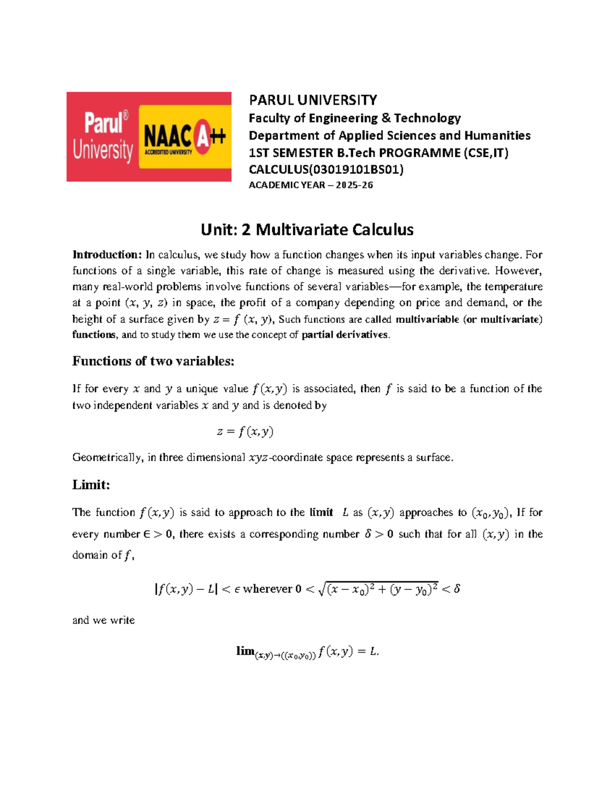 Unit 2: Multivariate Calculus Notes (03019101BS01) - Studocu
