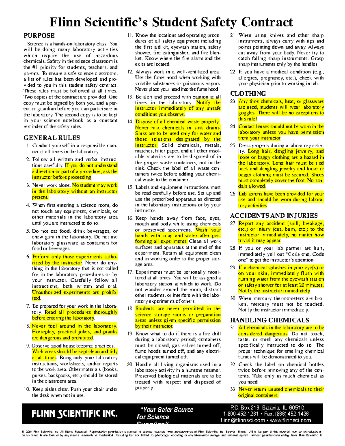 Flinn Scientific Student Safety Contract for Lab Activities - Studocu