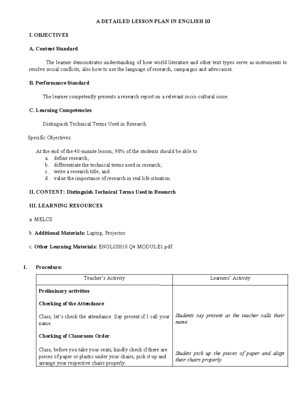 English 10: A Comprehensive Lesson Plan on Research Techniques - Studocu