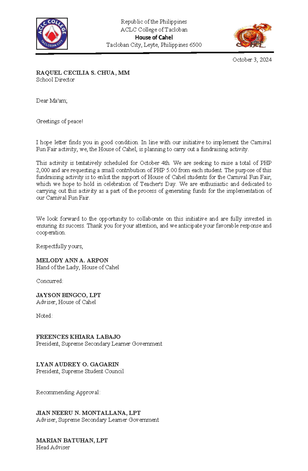 Letter-for-solicitation - Republic of the Philippines ACLC College of ...
