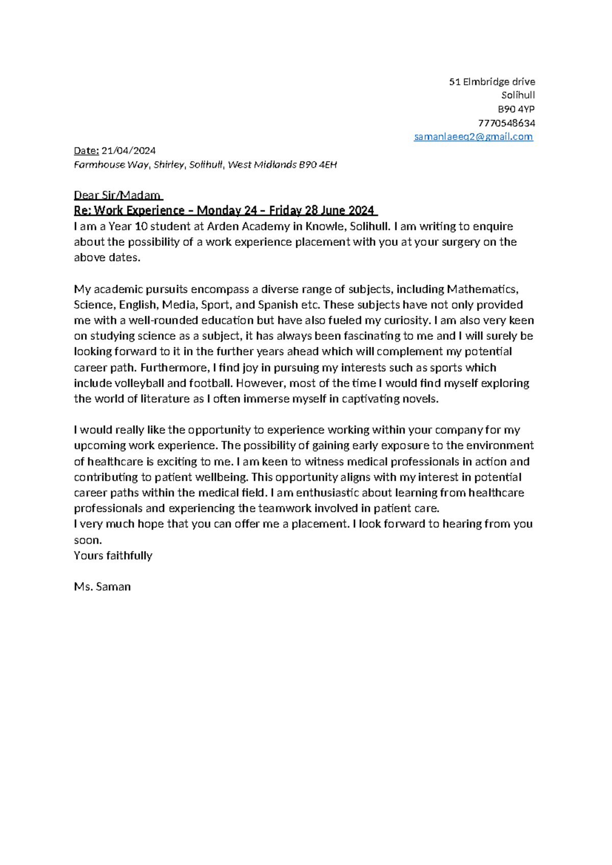 Monkspath Surgery WORK Experience - 51 Elmbridge drive Solihull B90 4YP ...