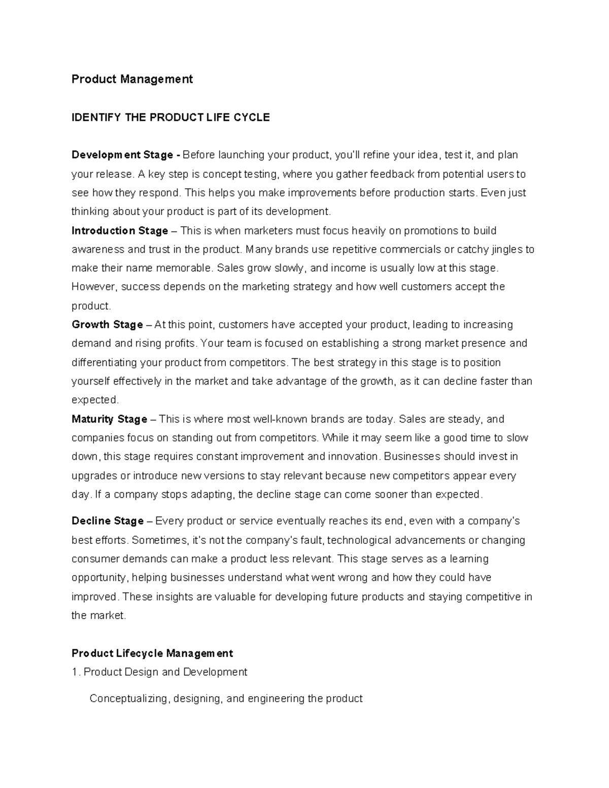 Pm cycle - Product Management IDENTIFY THE PRODUCT LIFE CYCLE ...
