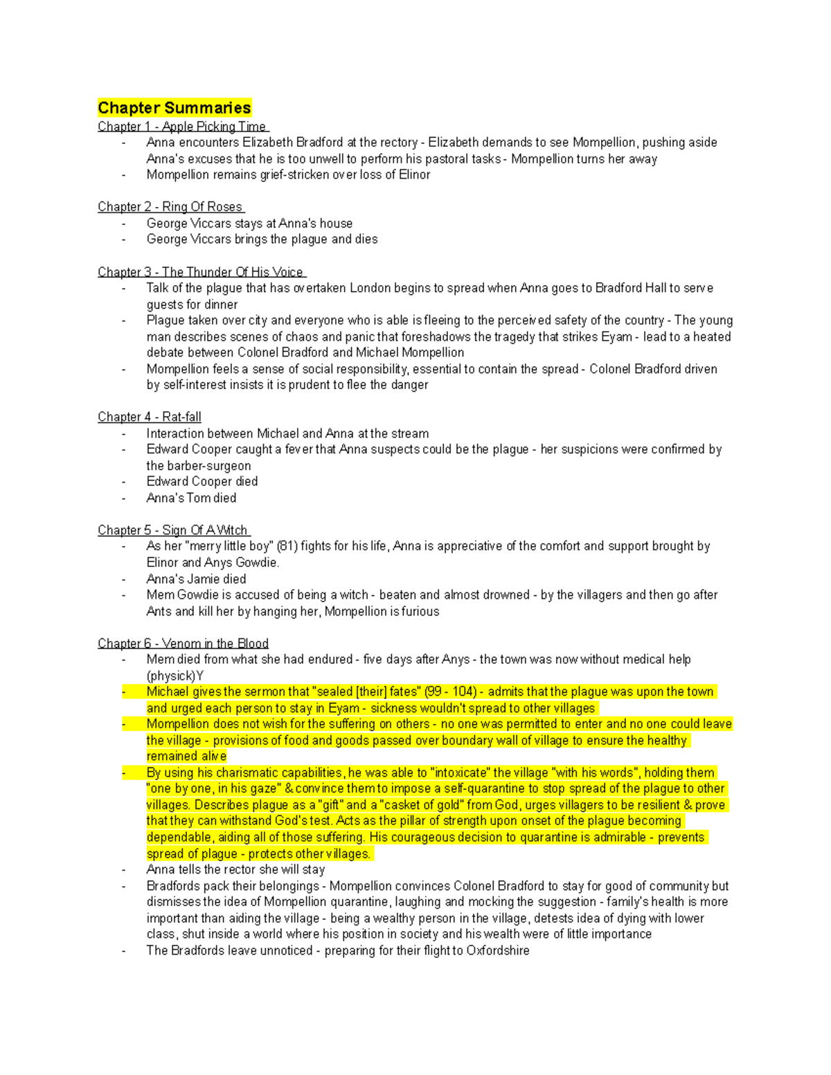 Year of Wonders (ENG 101) - Key Events and Chapter Insights - Studocu
